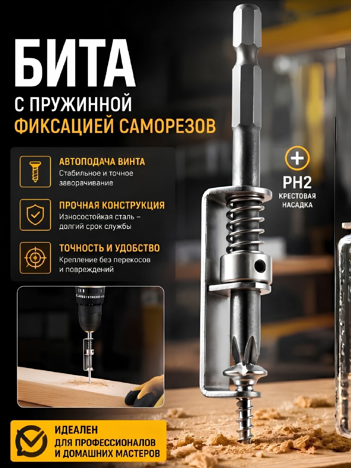Бита с пружинный фиксацией саморезов, шурупов