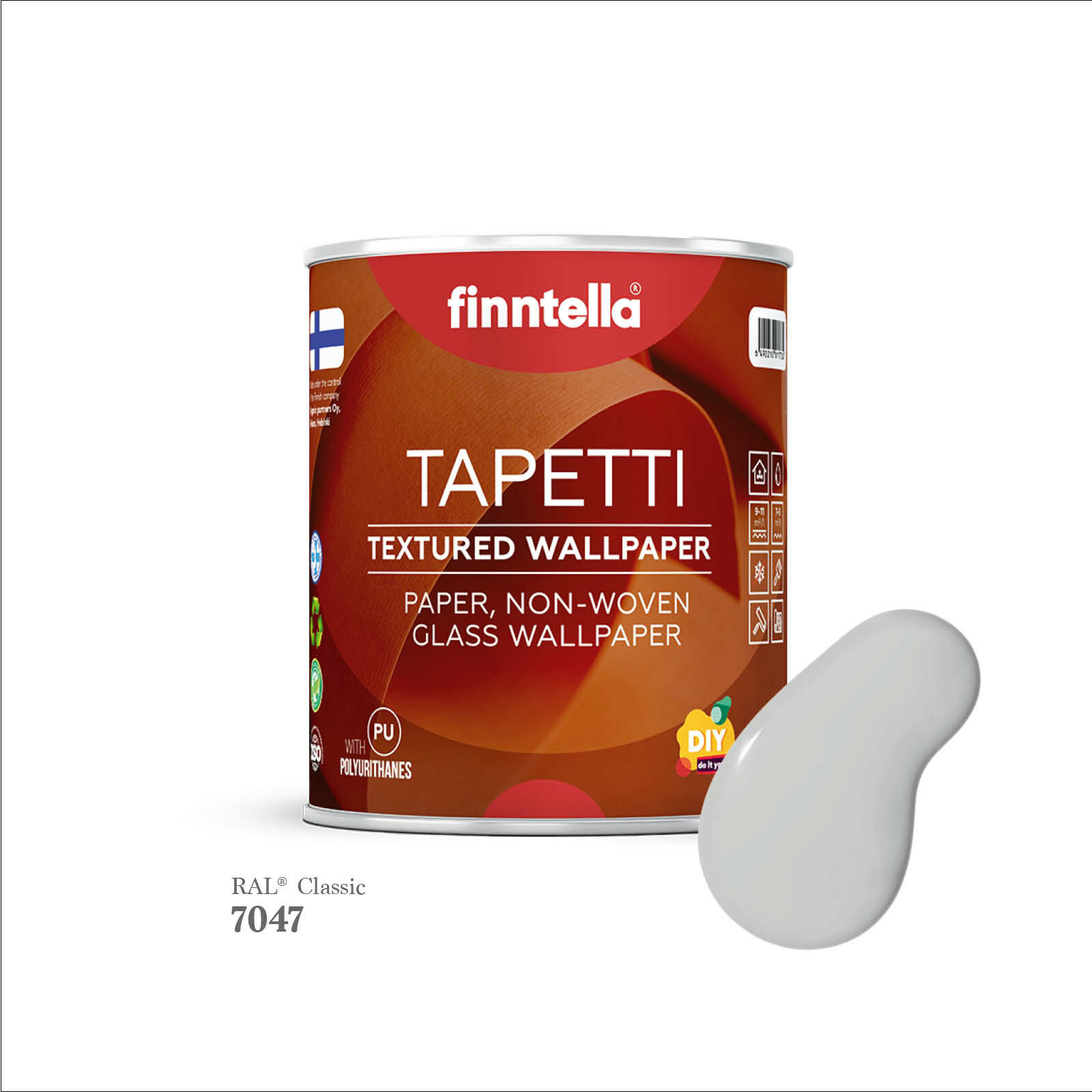 Шелковисто-матовая краска для обоев под окраску TAPETTI SILKKI Matta FINNTELLA, Цвет RAL 7047 Телегрей 4 (Telegrey 4), 0,9л