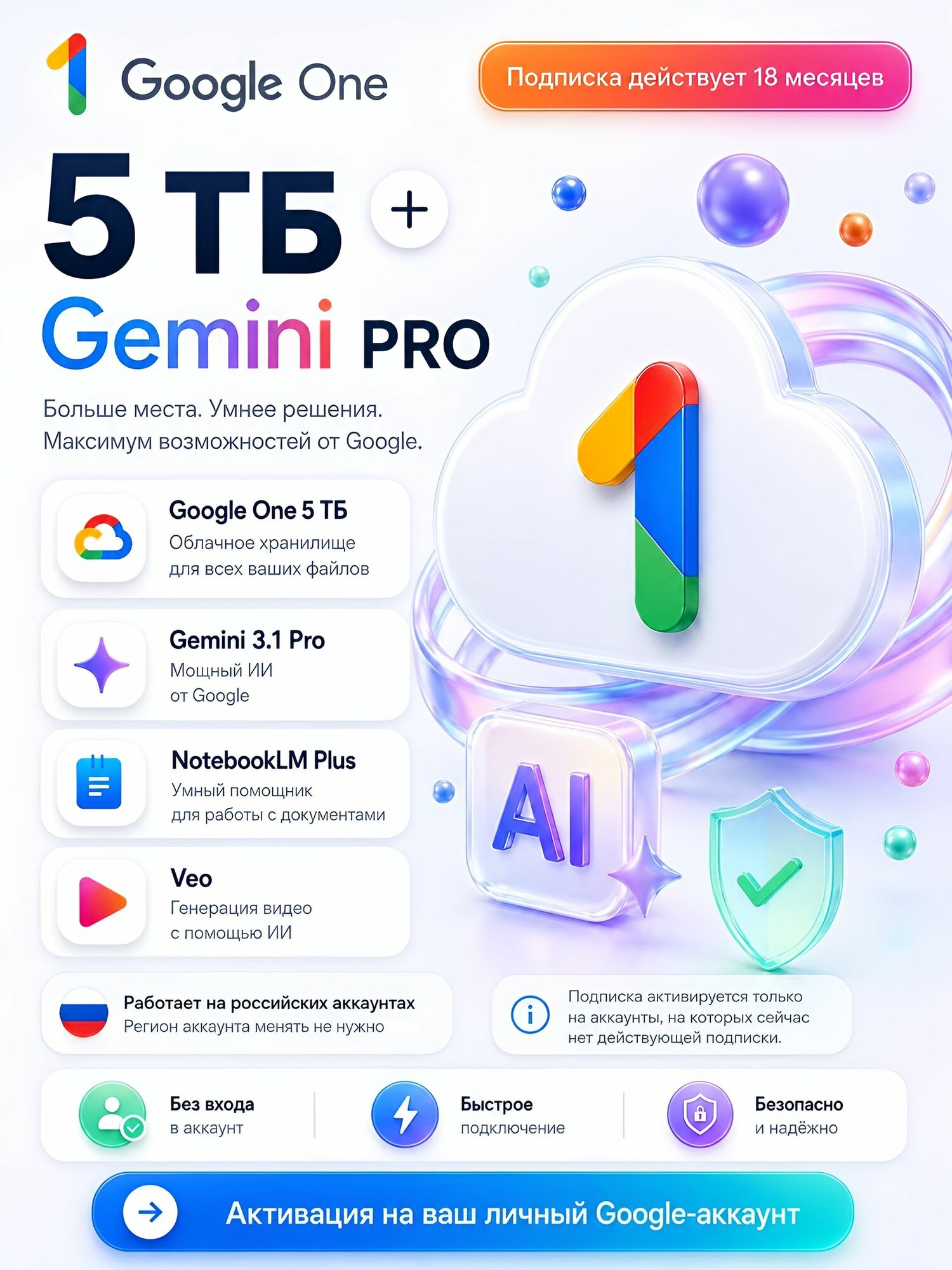 Активация Google AI Pro / Google Диск 5 ТБ / Gemini / Google One