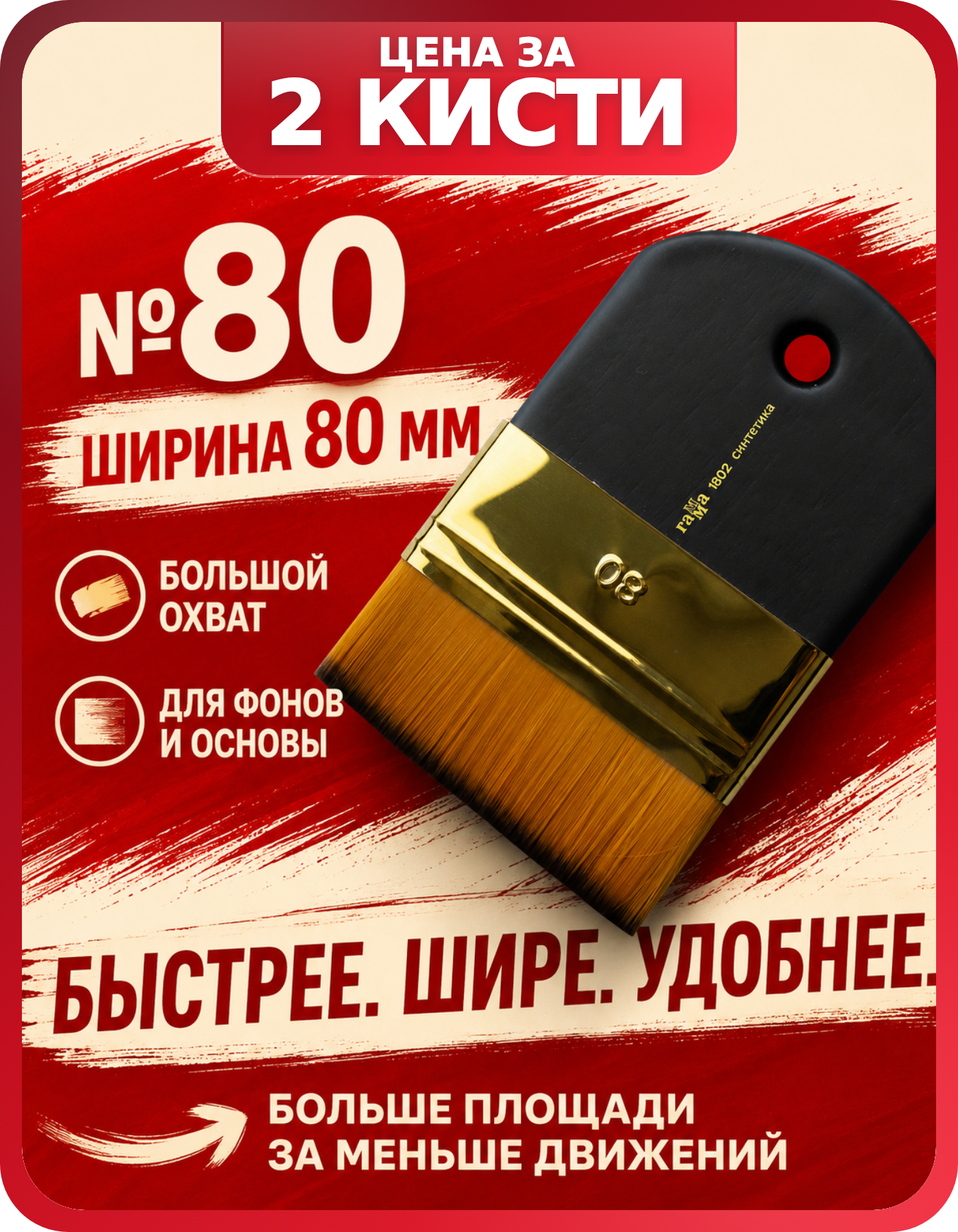 Кисти художественные плоские широкие 80 мм, 2 шт