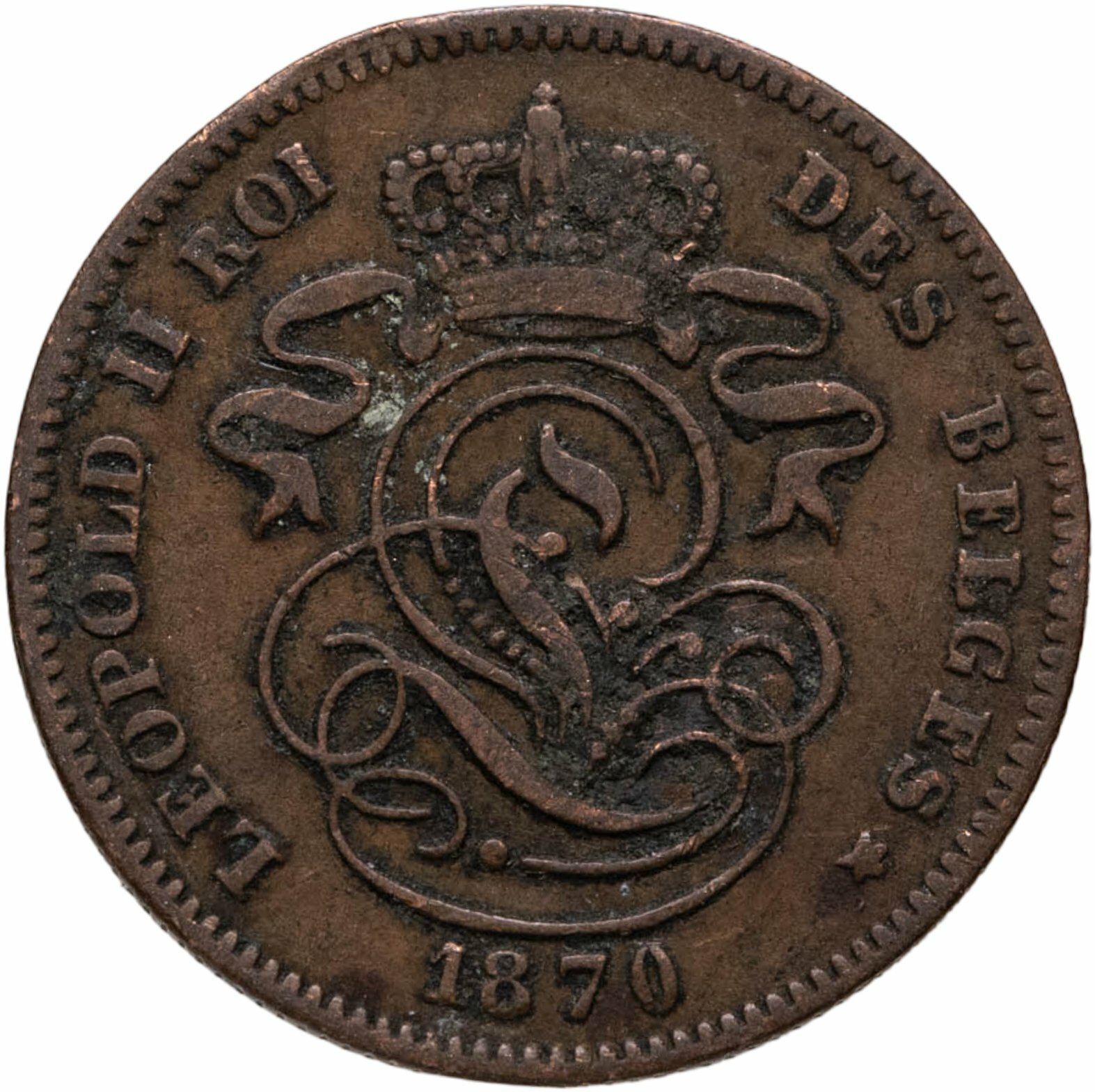 Бельгия 2 сантима centimes 1870 Надпись на французском - 'DES BELGES', Медь, в сохранности VF