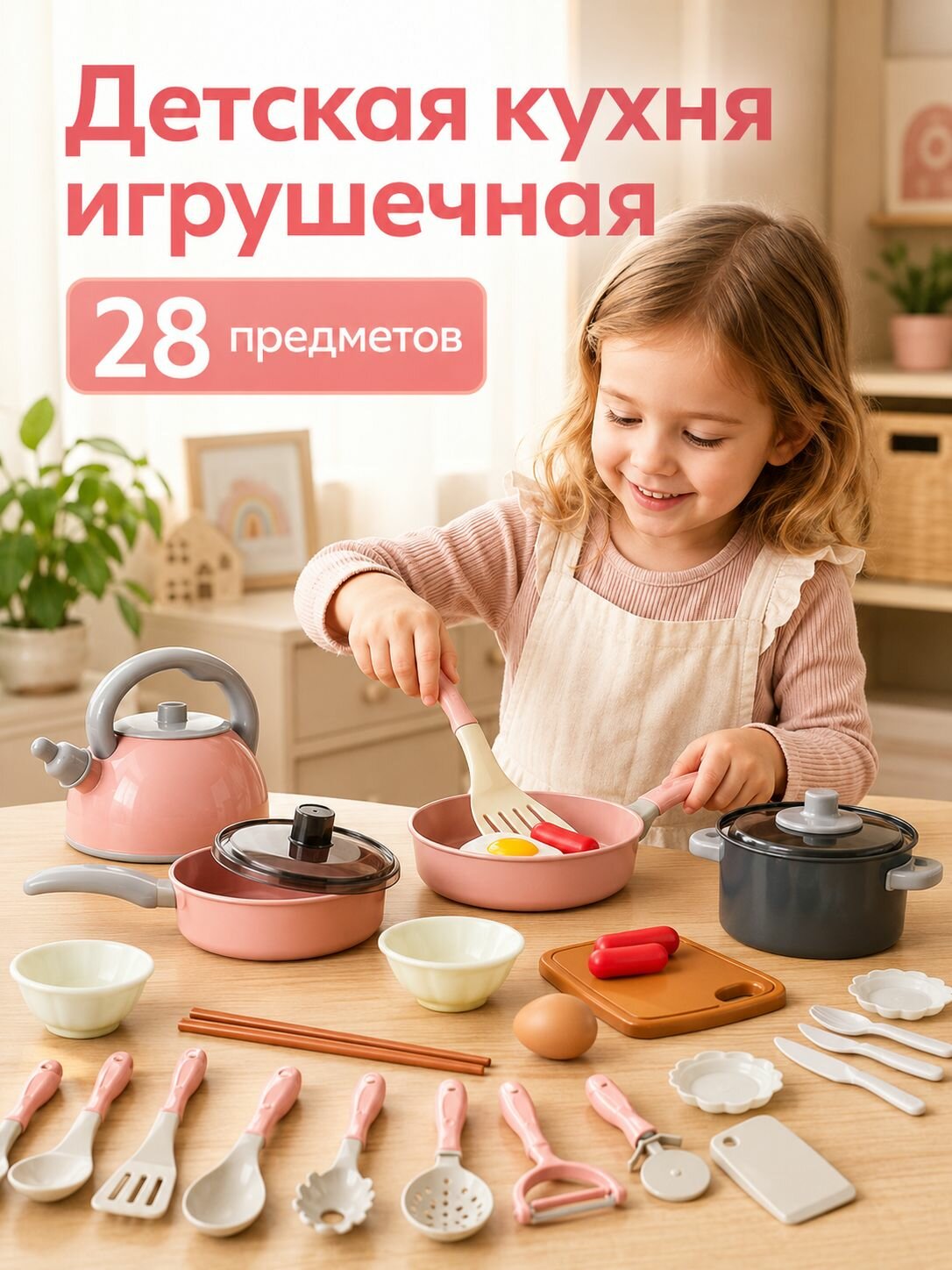 Детская кухня игрушечная, кухонный набор для детей с посудой и аксессуарами, игровая кухня для девочек