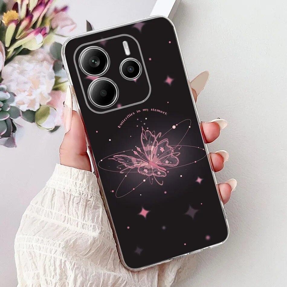 Для Xiaomi Redmi Note 14 4G Note14S Чехол для телефона Redmi Note 14s Note 14 4G Элегантный мягкий силиконовый чехол из ТПУ с цветочным принтом кота