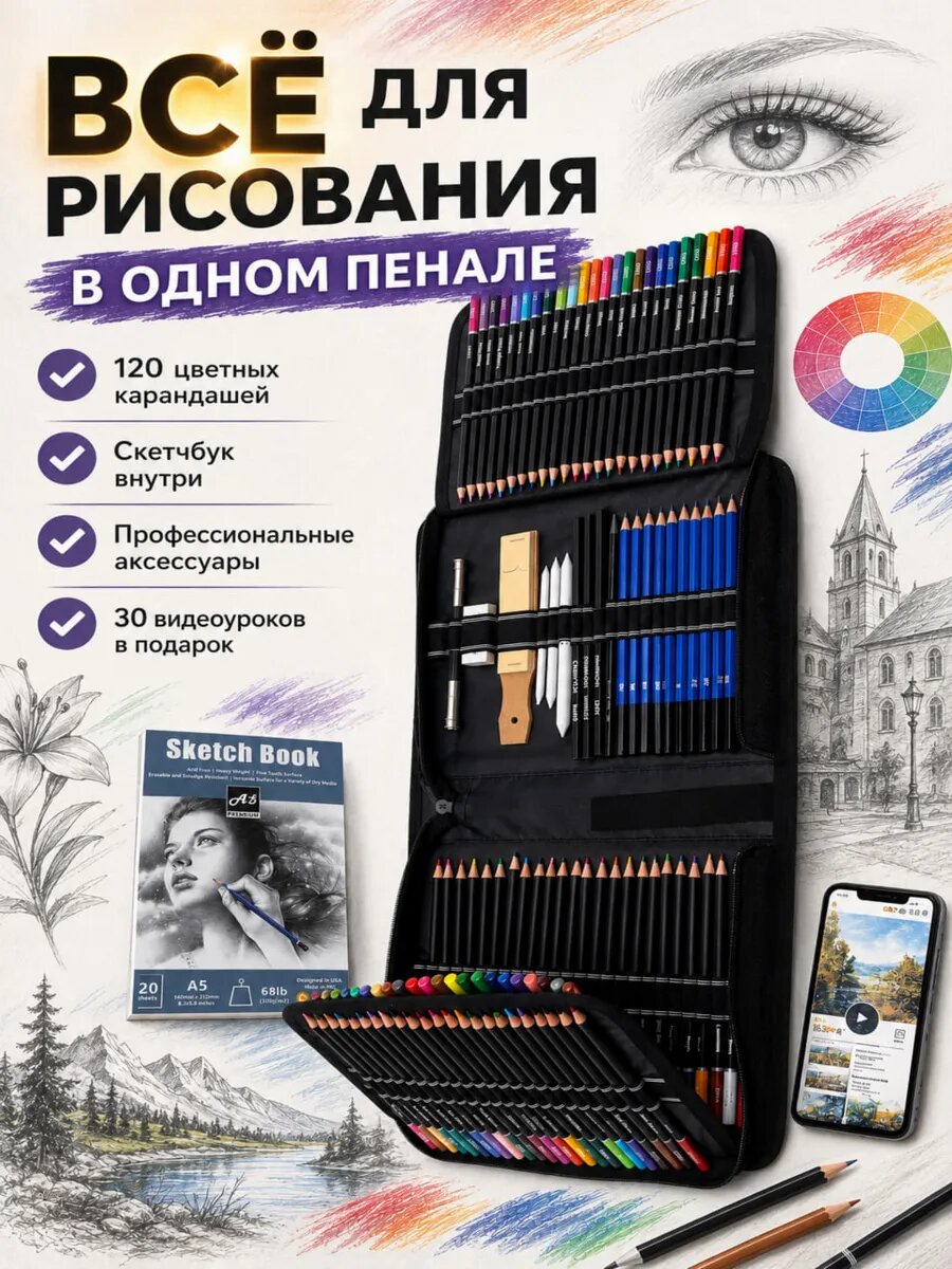Набор для рисования 144 предмета: 120 цветных, графитные и угольные карандаши в пенале