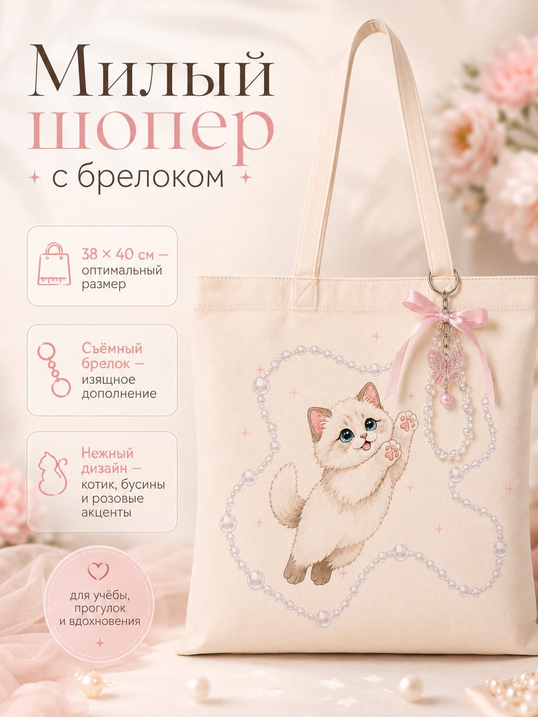 Сумка шоппер Милый шоппер с брелоком черный 1