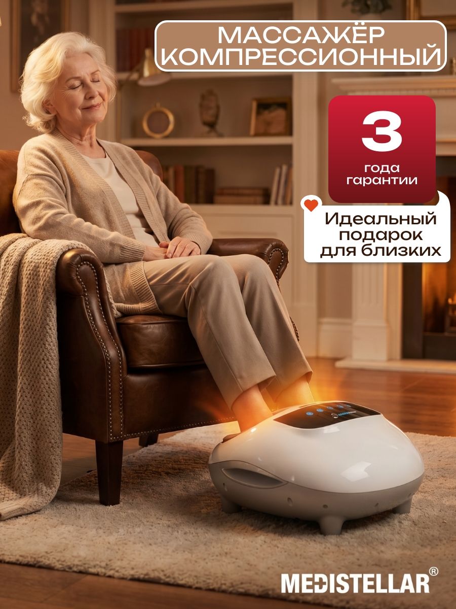 Массажер для ног компрессионный Foot Expert MEDISTELLAR с подогревом, роликовый электромассажер для стоп и икр, от отеков и усталости, лимфодренажный массаж ног
