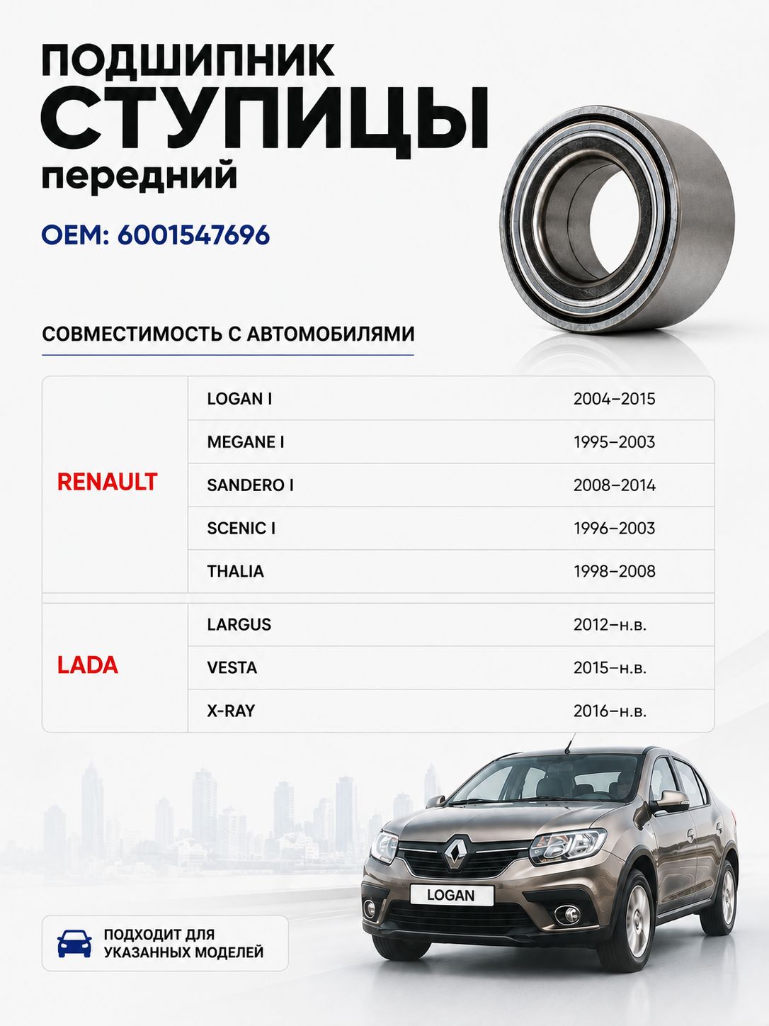 Подшипник передней ступицы 6001547696 LADA Largus, X-Ray, Vesta, Logan без ABS (37x72x37) — фото 1