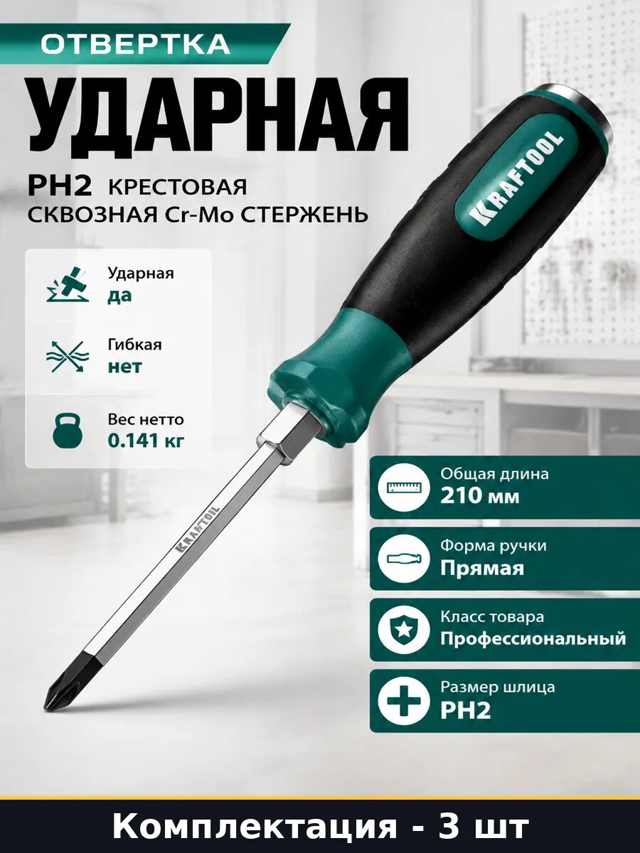 Набор отверток PH2 ударных с двухкомпонентной рукоятью 3 шт