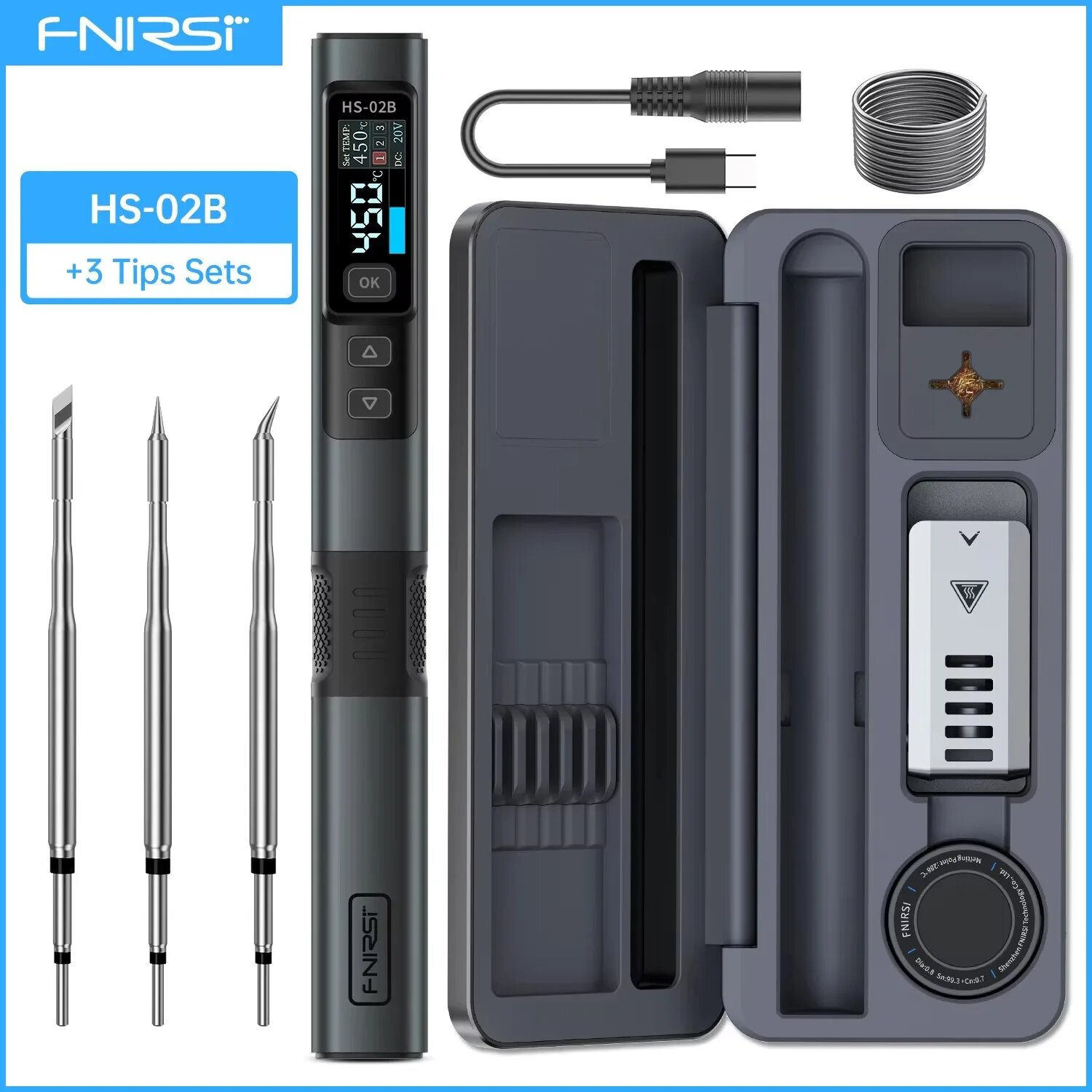 Портативный интеллектуальный паяльник FNIRSI HS-02 100-450 ℃ Быстрый нагрев 100 Вт, быстрая зарядка Type-C PD для инструментов для сварки и ремонта