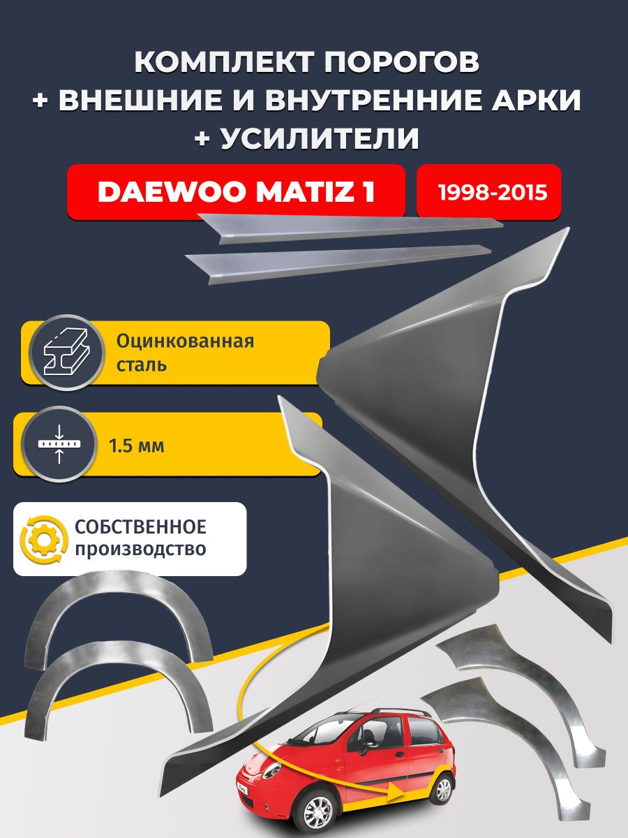 Комплект ремонтных задних внешних и внутренних арок (0,8 мм) + комплект порогов + усилители, на Daewoo Matiz 1 1998-2015 (Дэу / Деу Матиз) Оцинкованная сталь 1.5 мм