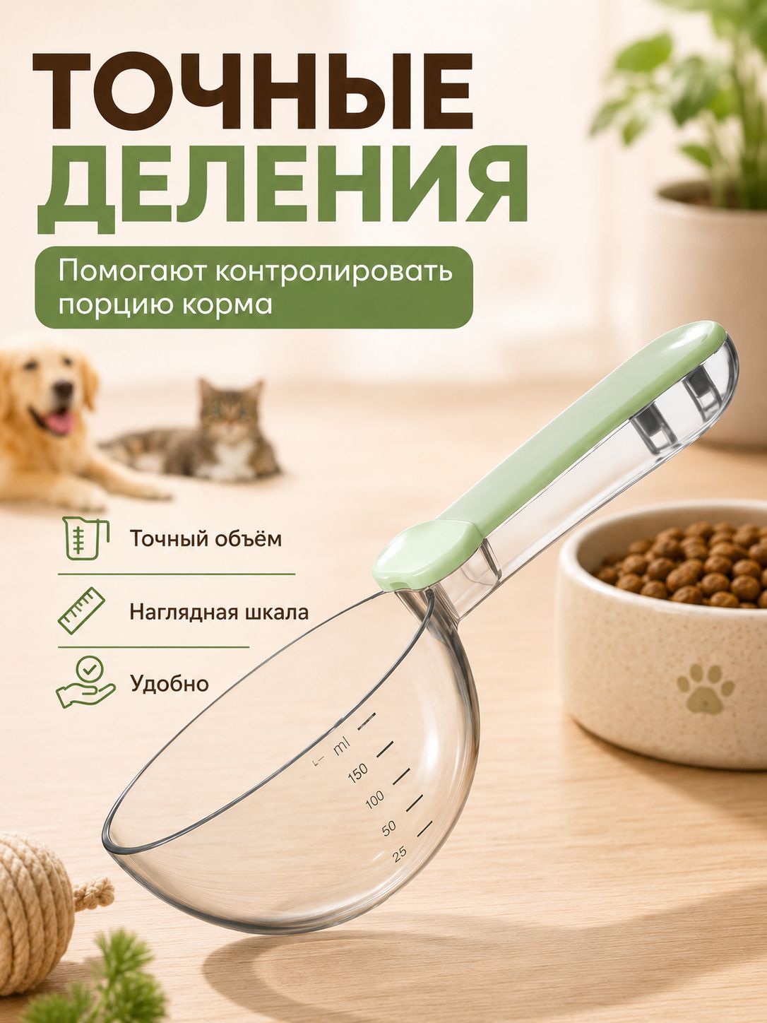 Мерная ложка для корма с зажимом, большая лопатка для сухого корма кошек и собак со шкалой
