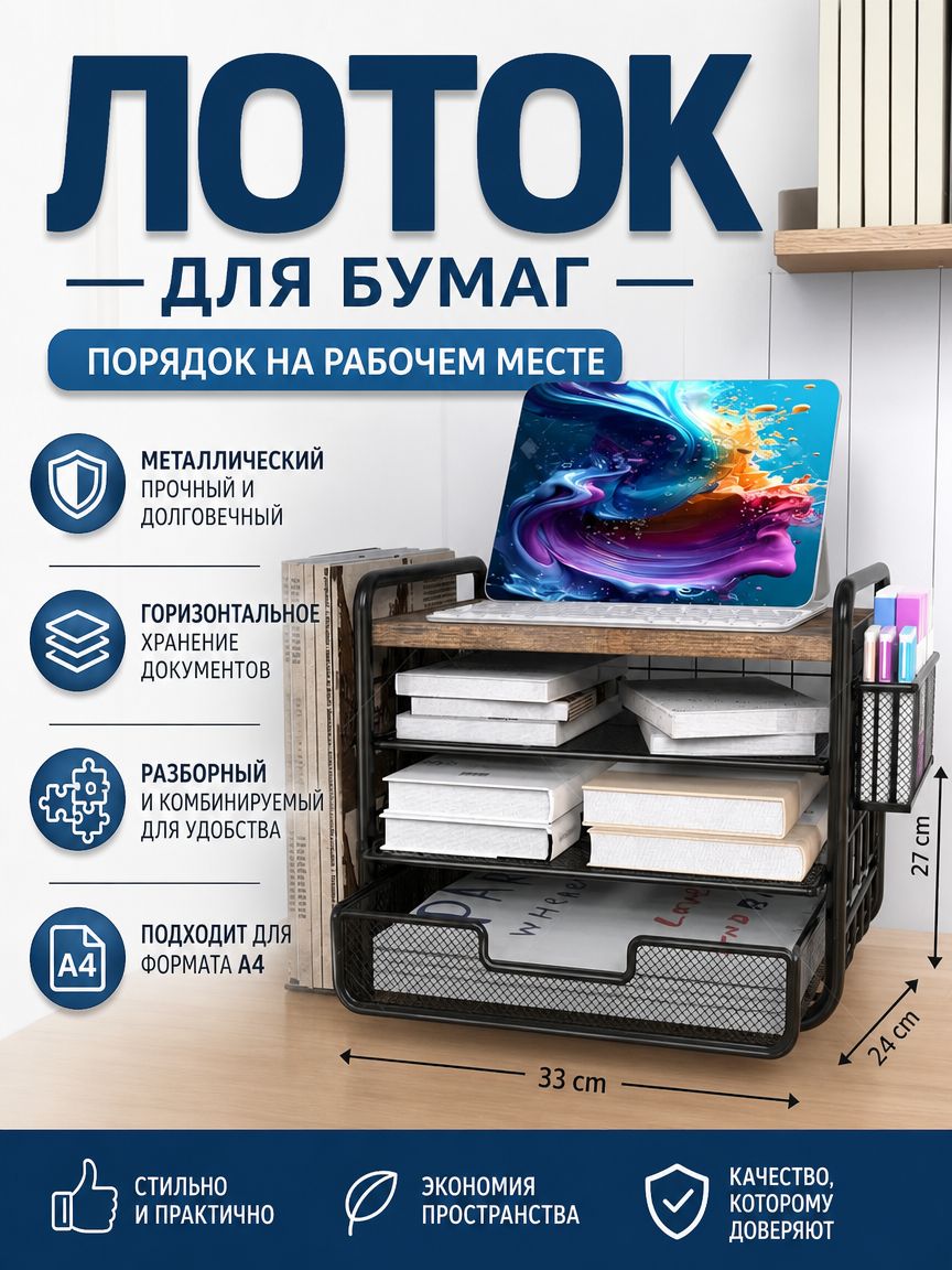 Металлический органайзер для документов А4 с выдвижным ящиком горизонтальный лоток для бумаг на столе, стакан для ручек