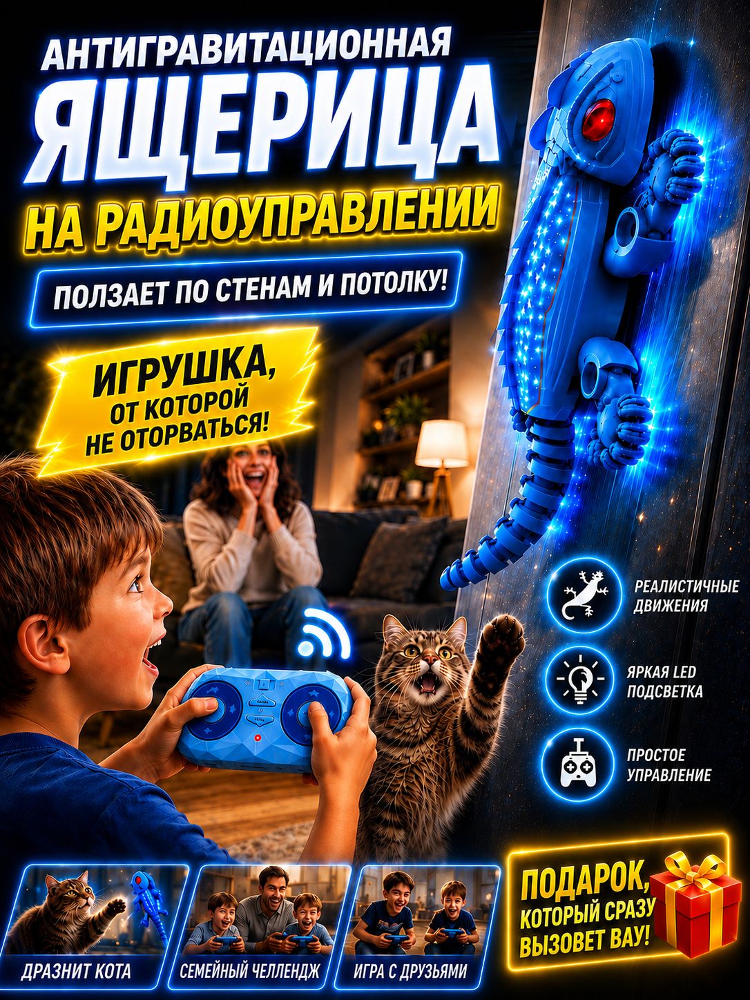 Наконец-то игрушка, которая по-настоящему удивит ребёнка! Антигравитационная ящерица на радиоуправлении: Новое поколение 2026 Улучшенное сцепление, светится и ползает по стенам