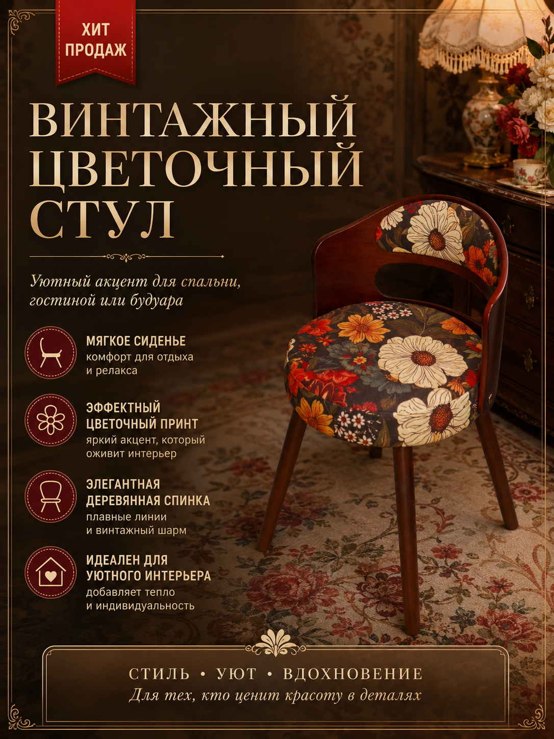 C&K Стул деревянный с круглым сиденьем, ретро цветочный принт, мягкий со спинкой