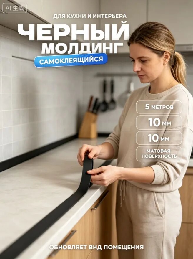 Молдинг декоративный самоклеящийся, для декора стен, нишь, выделения зон 10 мм х 5000 мм (металлический) чёрный матовый