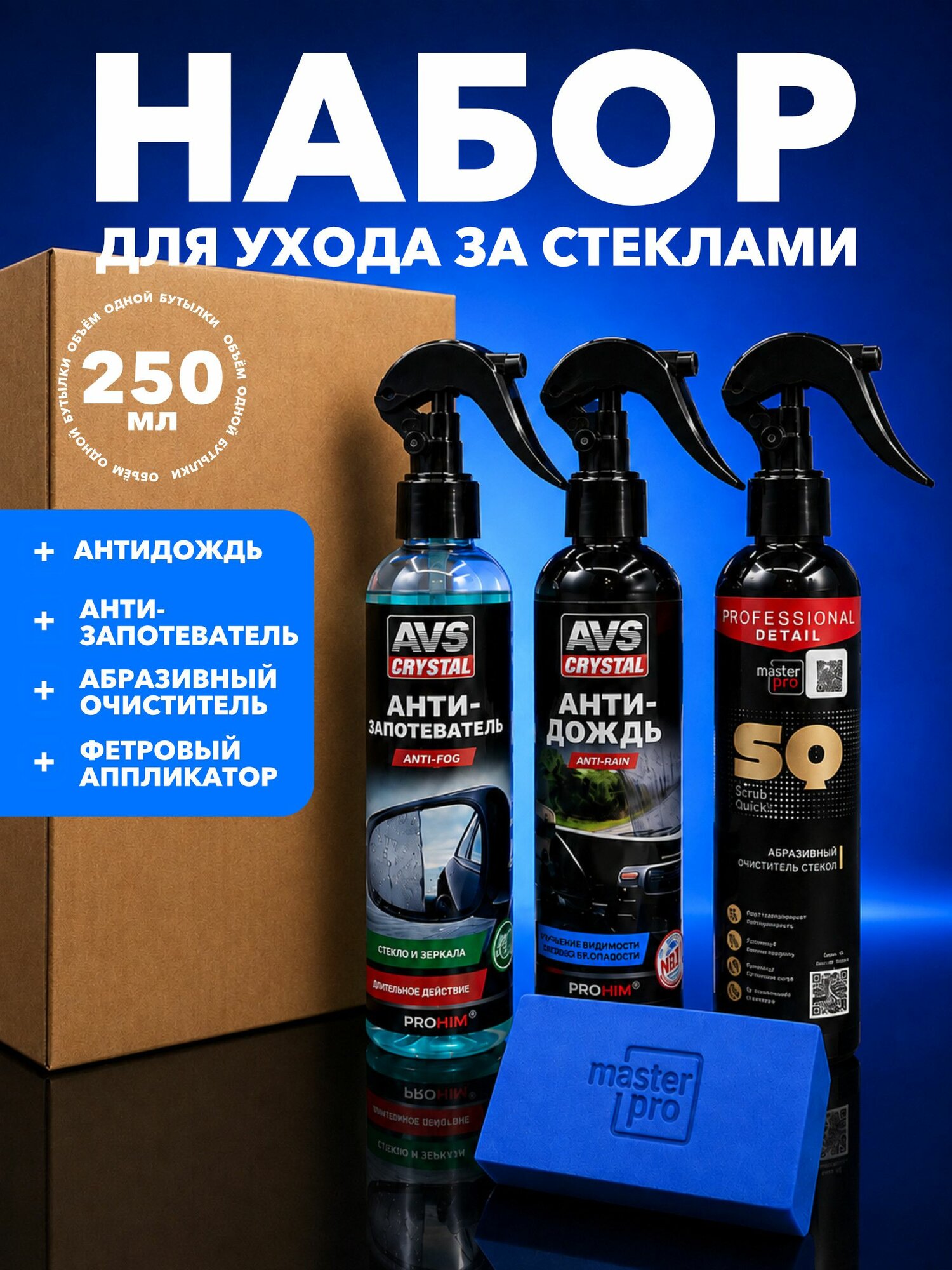Набор для ухода за стеклами: Абразивный очиститель стекол, антидождь, антизапотеватель, апликатор.