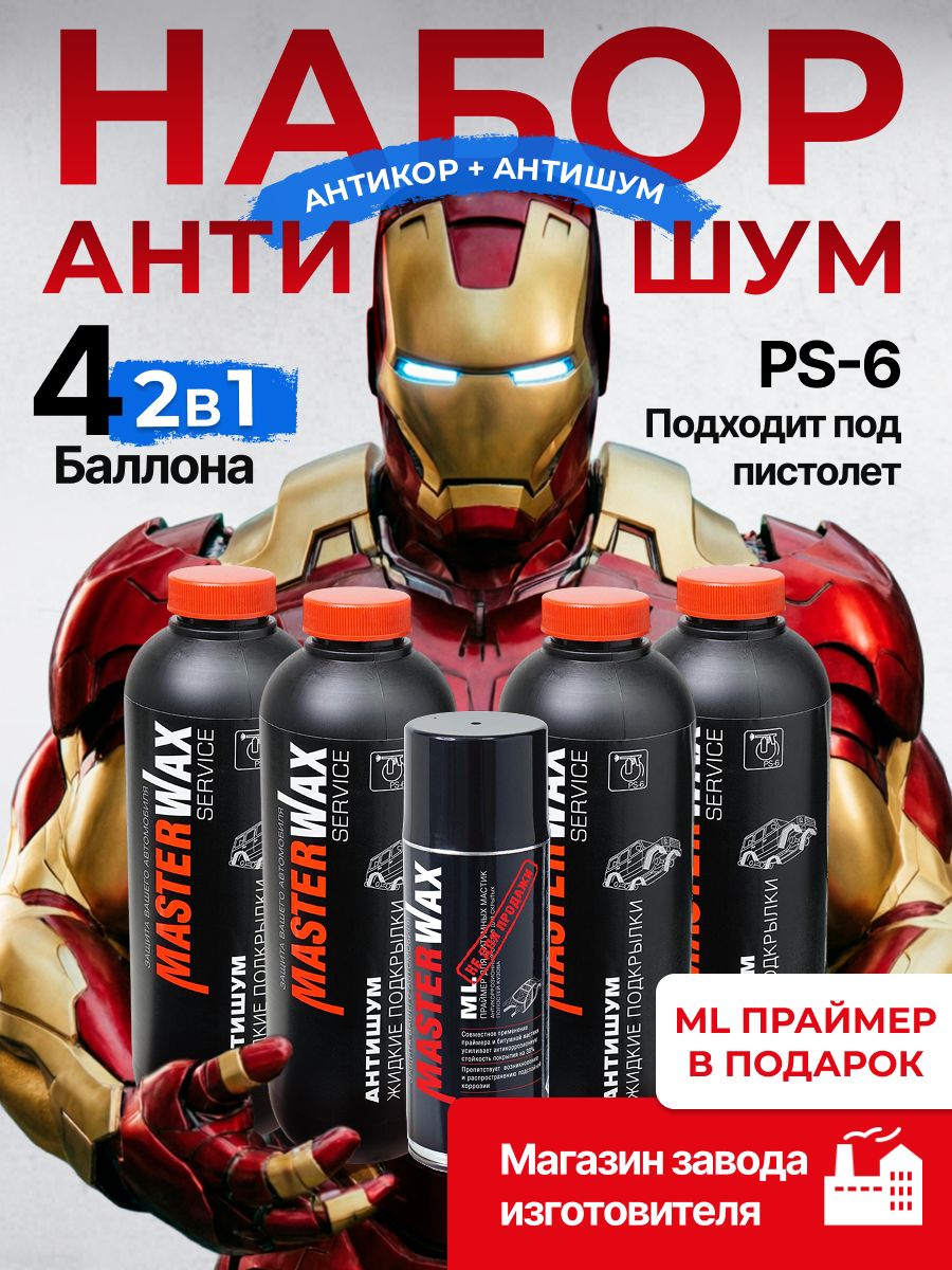 Набор для шумоизоляционной обработки автомобиля MasterWax: антишум Жидкие подкрылки (Антишум BP 4790, евробаллон 4 шт. + праймер ML+респиратор)