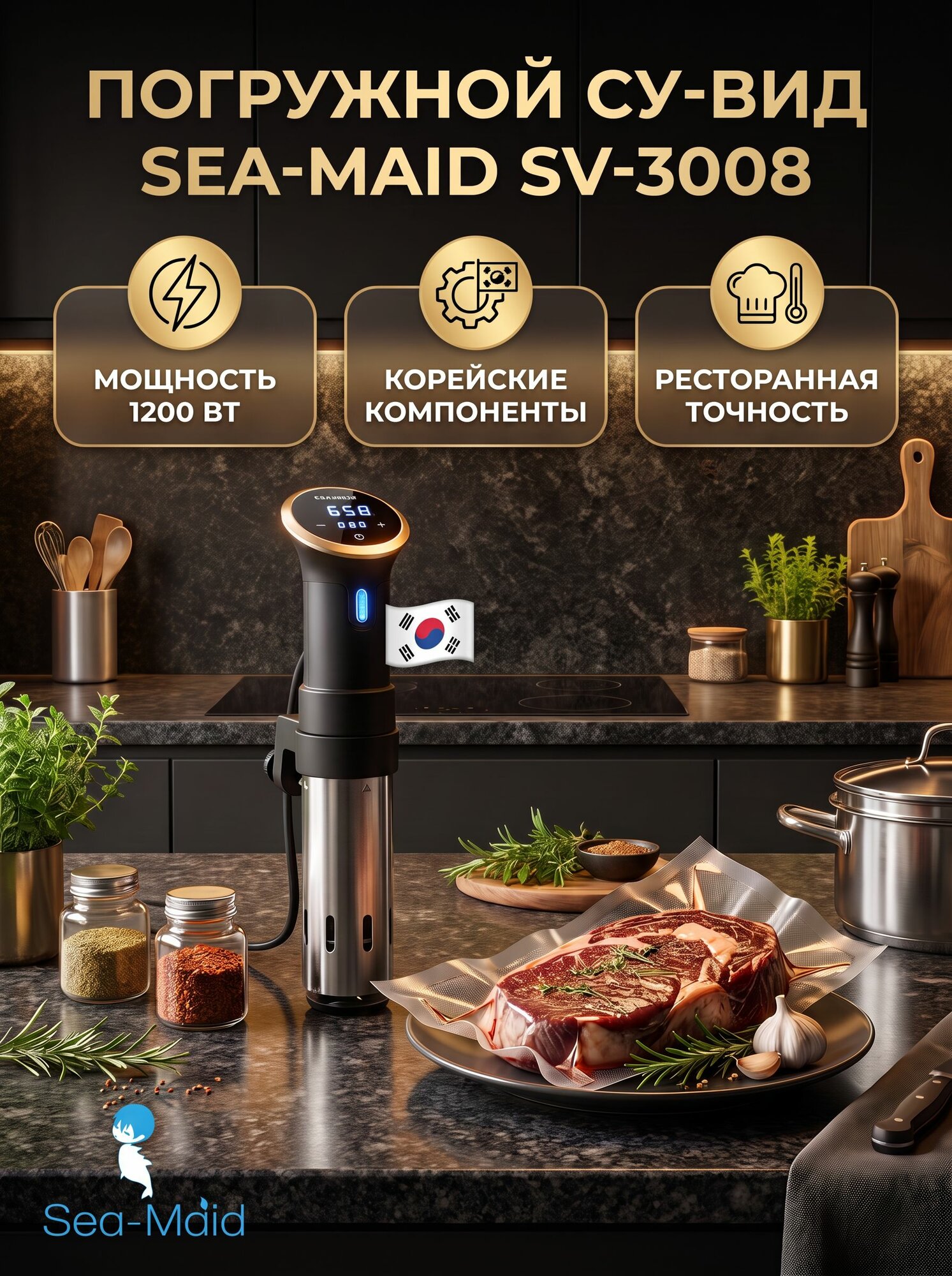 Погружной су-вид Sea-maid SV 3008 Black Edition 1200 Вт, сувид для кухни, медленноварка