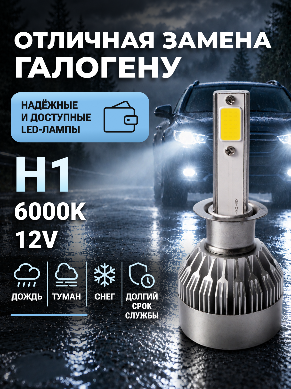 Светодиодные LED лампы H1 автомобильные Omegalight LED Standart 6000К 2 шт, лед лампы