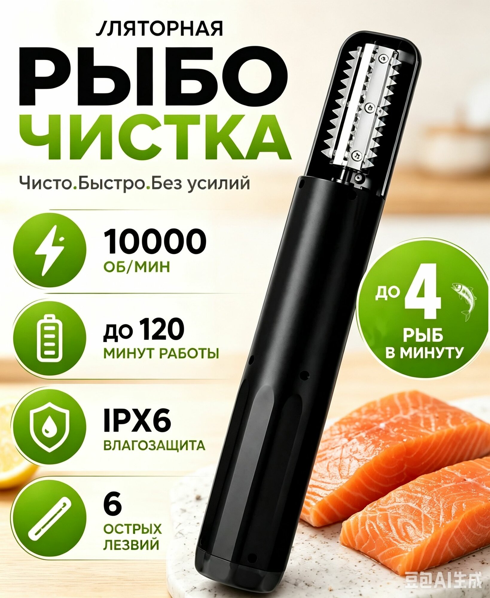 Рыбочистка электрическая аккумуляторная беспроводная для чистки рыбы с контейнером