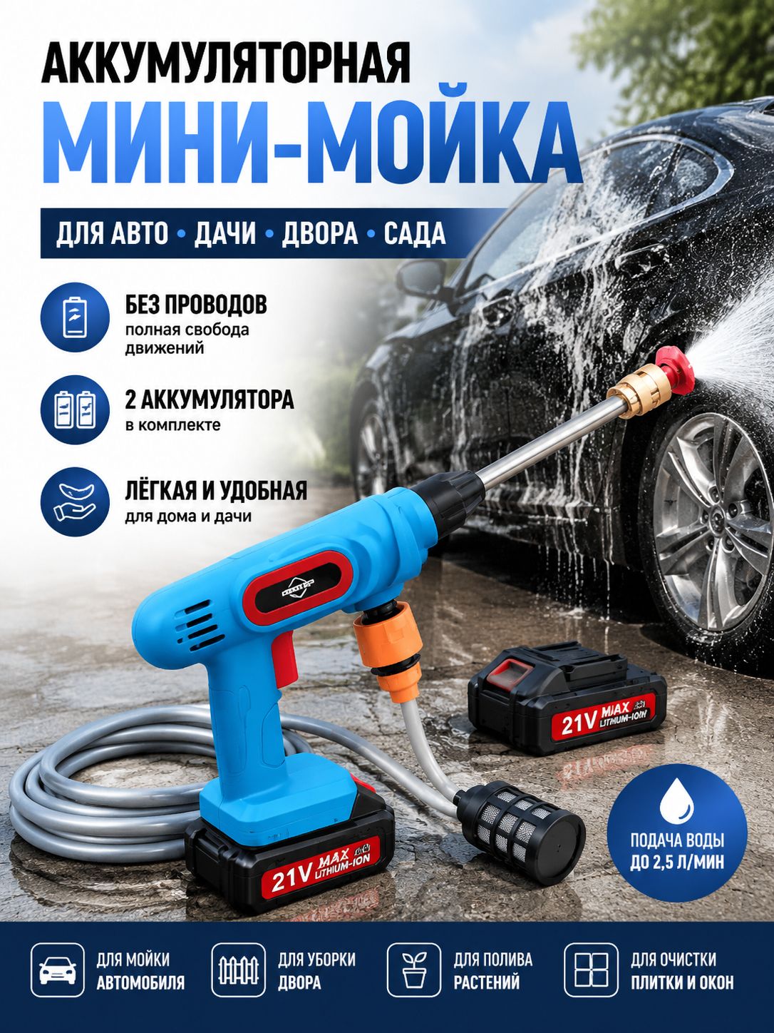 Мойка высокого давления аккумуляторная GJXer, 21 В, 2 аккумулятора, шланг 5 м, самовсасывающая, емкость для моющего средства, насадки, кейс