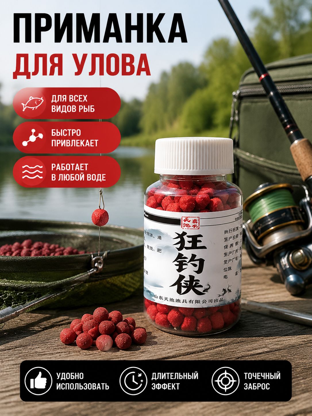 Рыболовная приманка в виде красных ароматизированных гранул Куаньдаося в бутылке, около 190 шт.