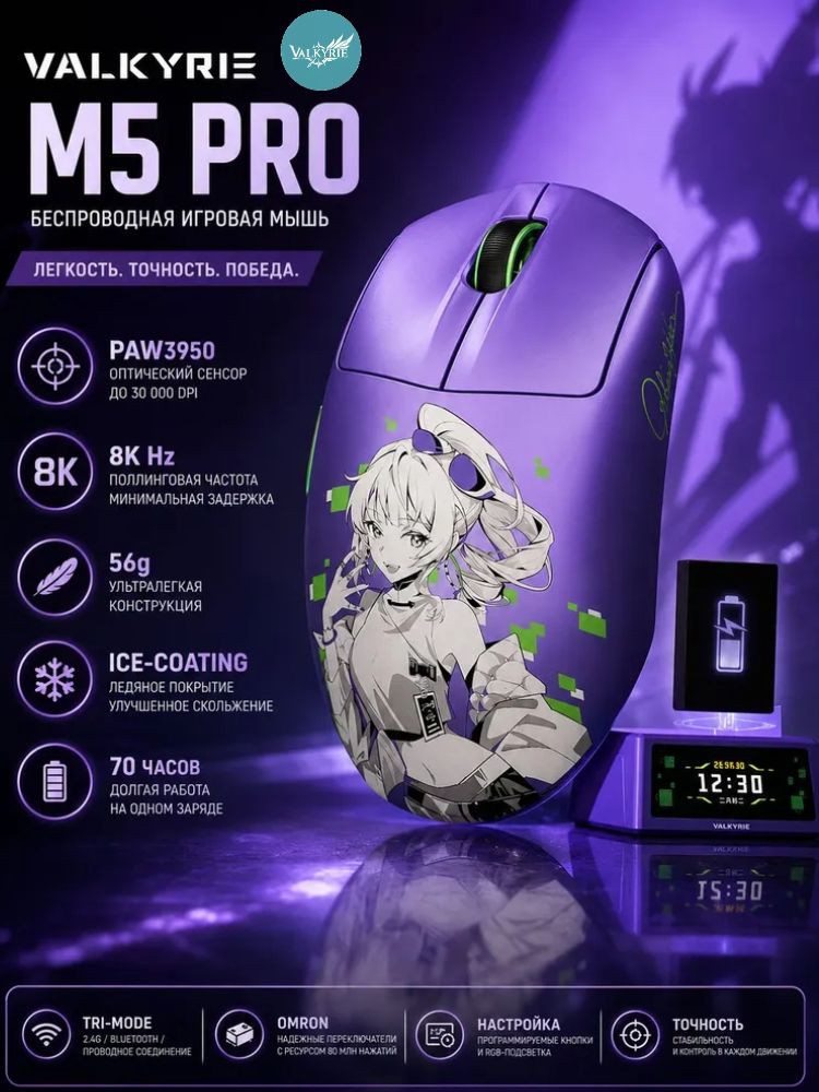 VALKYRIE M5 Pro Игровая мышь, проводная/2,4 G/Bluetooth, трехрежимное подключение, PAW3950