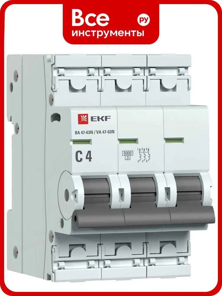 Автоматический выключатель EKF 3P 4А (C) 6кА ВА 47-63N PROxima M636304C