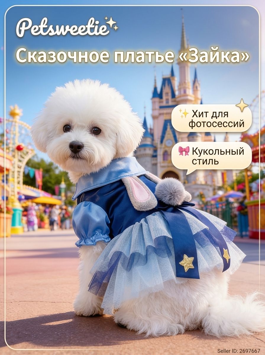Пышное платье принцессы для собак с ушками зайца и фатином, сказочный наряд, синее (XS-XL)
