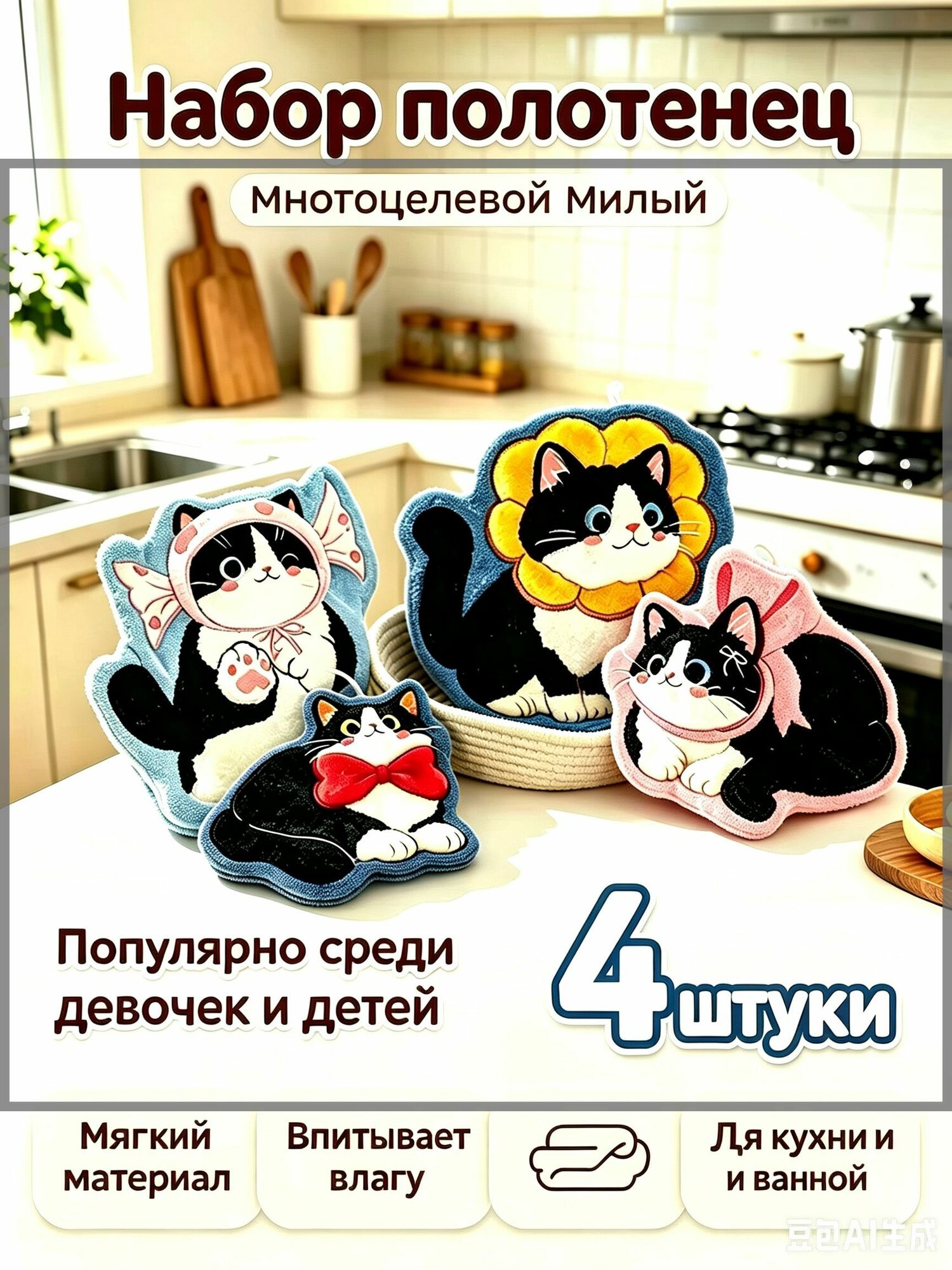 Полотенце кухонное 24x24, 24x27 4 шт шенилловая фактура корал-флис белый