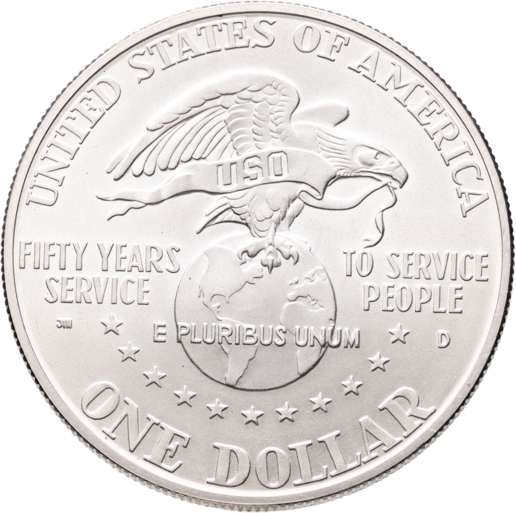 США 1 доллар dollar 1991 ВUNC 50 лет Объединённым Организациям Обслуживания, знак монетного двора: "D" - Денвер, Серебро 900, в сохранности AU-UNC
