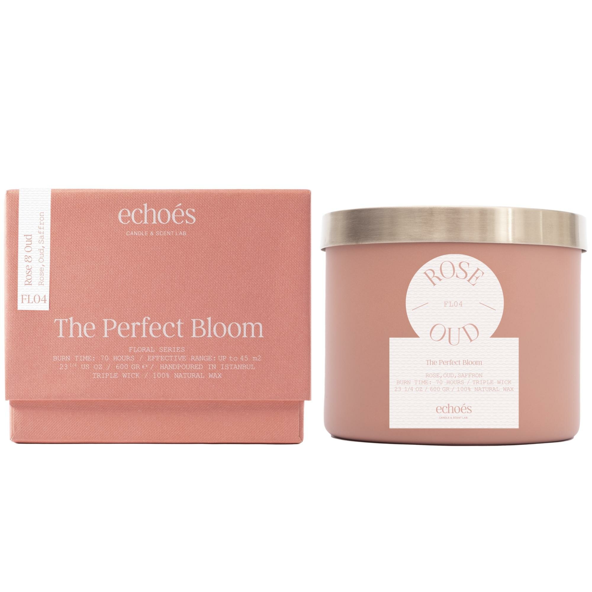 ECHOES Rose & Oud Large Candle 600g Большая свеча с тремя фитилями с крышкой в подарочной упаковке, 600 гр.