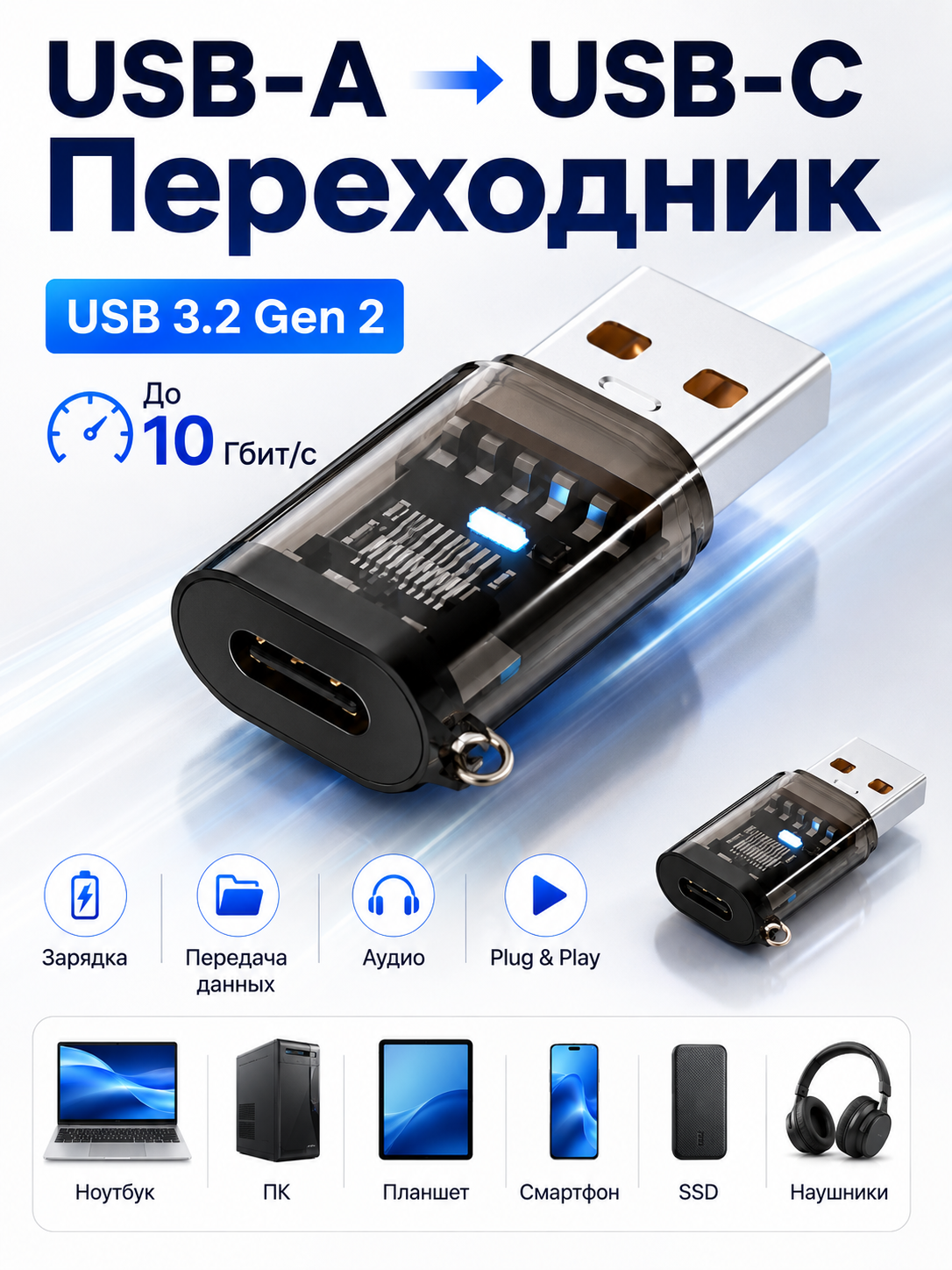 Адаптер USB Type-C (мужской) на USB 3.2 (женский) Адаптер USB (женский) на USB Type-C (мужской) 1 штука