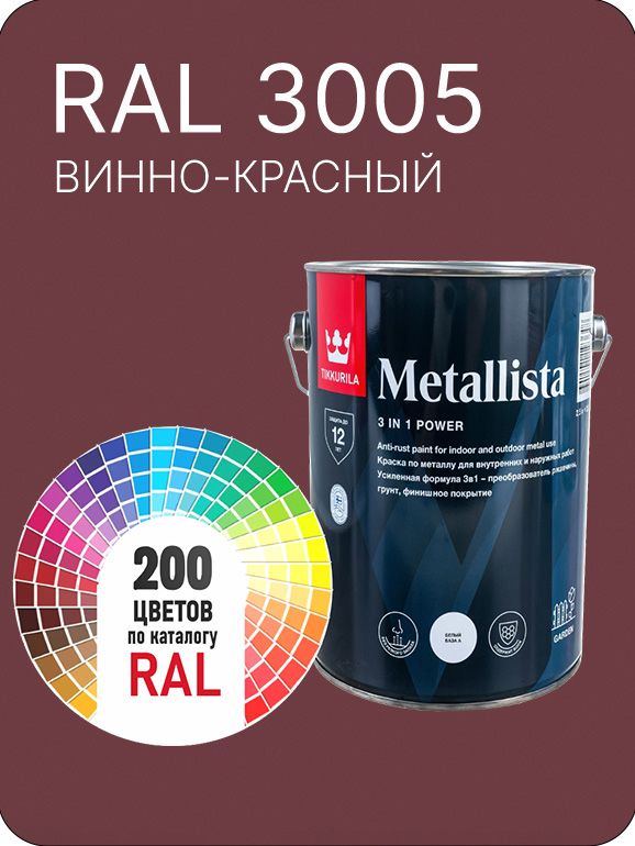 Краска по металлу Tikkurila Metallista винно- красный Ral 3005 2.3 л.