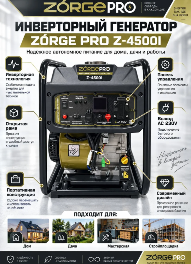 Генератор бензиновый инверторный ZORGERPO Z-4500I (4,75 кВа полная мощность, USB TYPE , 220В, 3,5 3,8 кВт 50 Гц, Ручной стартер Электростанция для Дома)