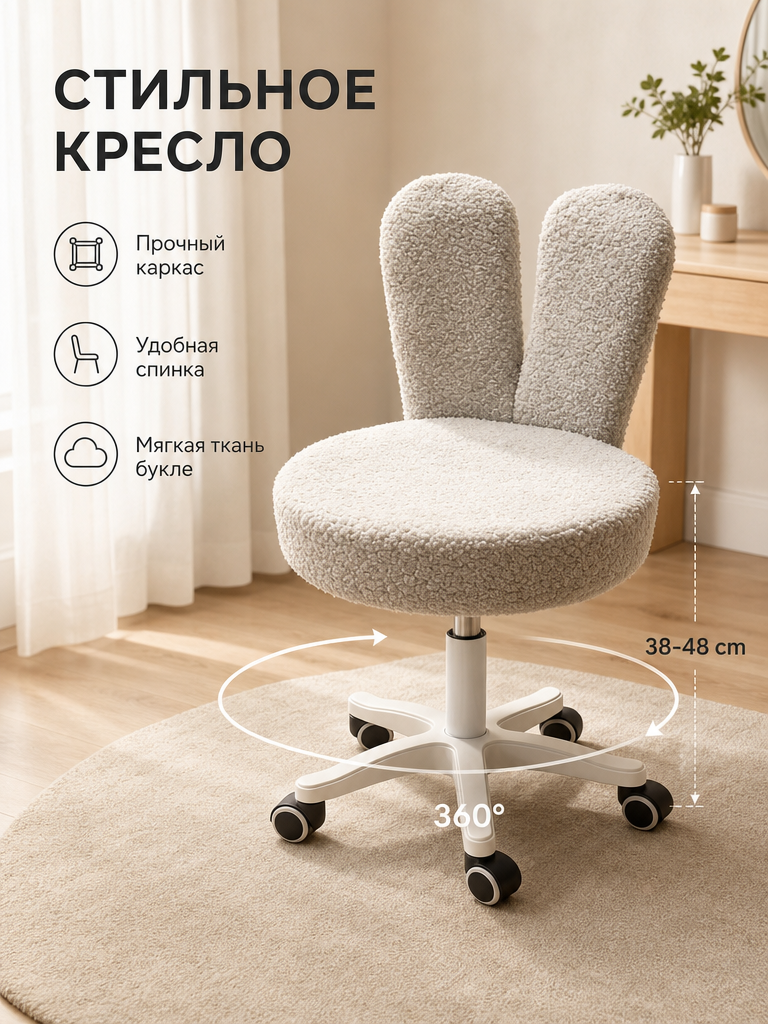 Стильное кресло для дома и работы с ушками из искусственной овчины, серое, основание на колёсиках