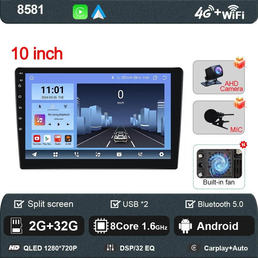 Автомагнитола FYT 7870 Android 14 Universal 9/10 дюймов, 2 DIN, 2K QLED, Carplay, 10 inch 8581 2-32