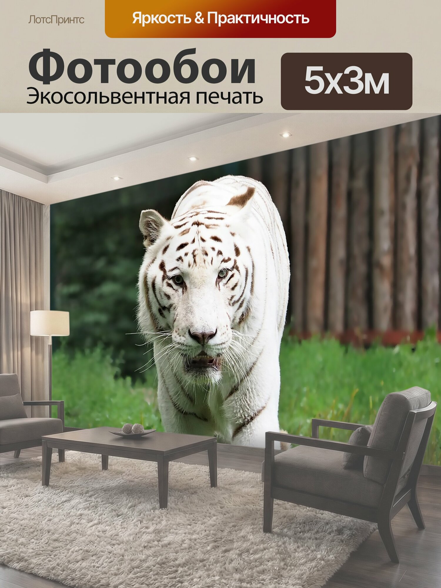Фотообои "Тигр, белый тигр, большой кот" 500x300 см. экосольвентная печать