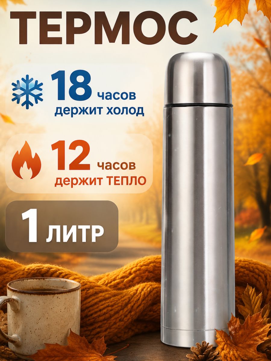 Термос для чая и кофе 1 литр металлический с крышкой-чашкой, термос вакуумный