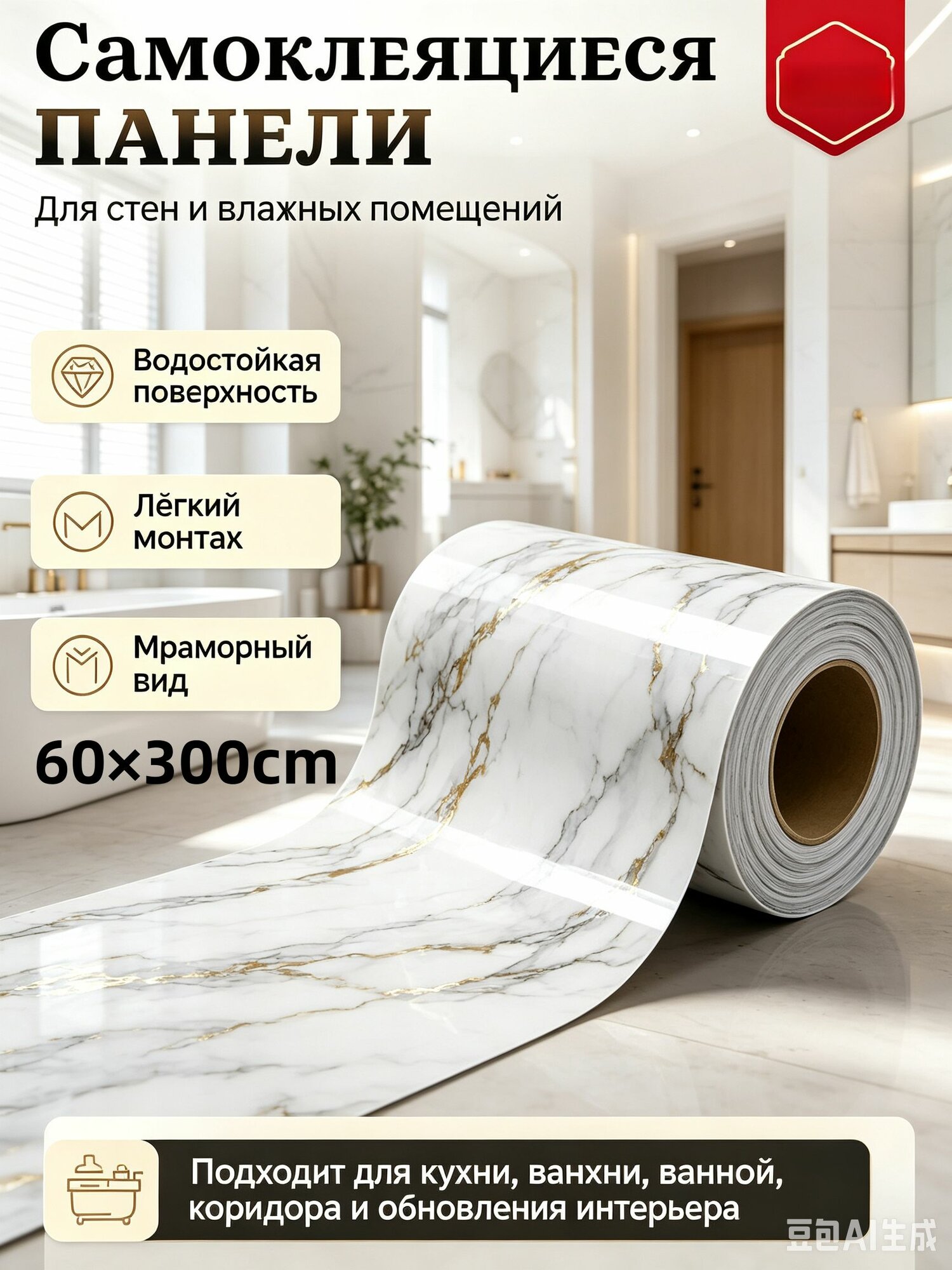 Самоклеящиеся панели для стен 60x300 см, глянцевые панели под мрамор в рулоне 2,5 мм для кухни и ванной