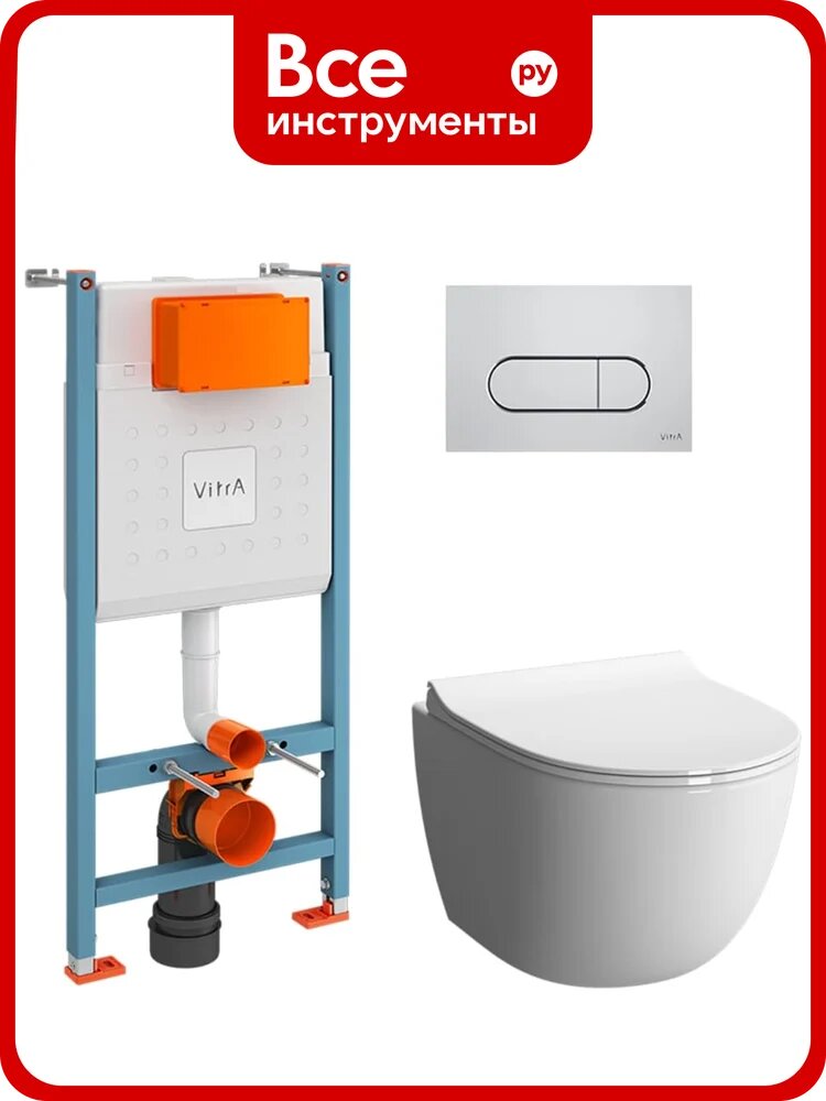 Комплект Vitra L-Box Sento Rim-Ex подвесной безободковый унитаз с тонким сиденьем с микролифтом, инсталляцией и клавишей смыва Root Round глянцевый хром 9830B003-7212