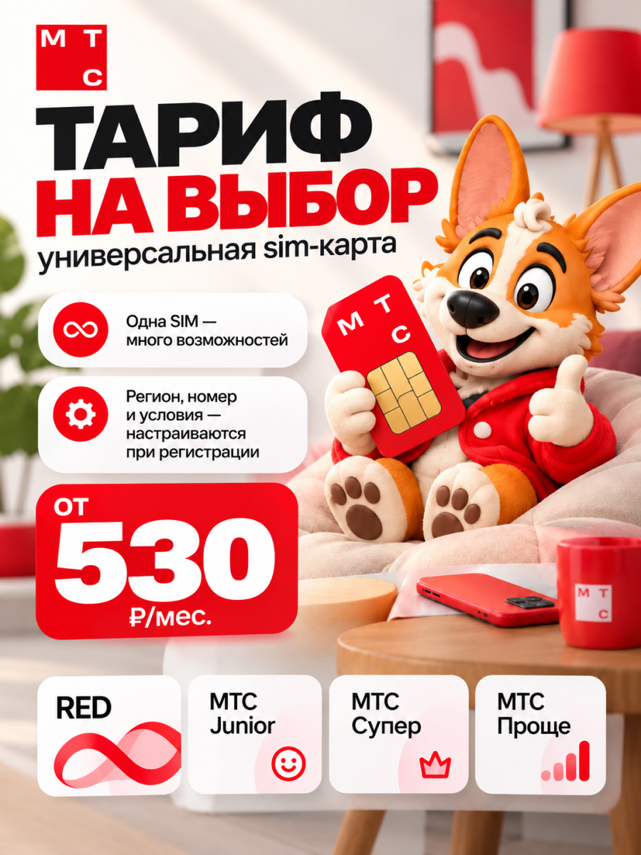 SIM-карта МТС — безлимитный интернет, 1000 минут, от 530 рублей в неделю, саморегистрация