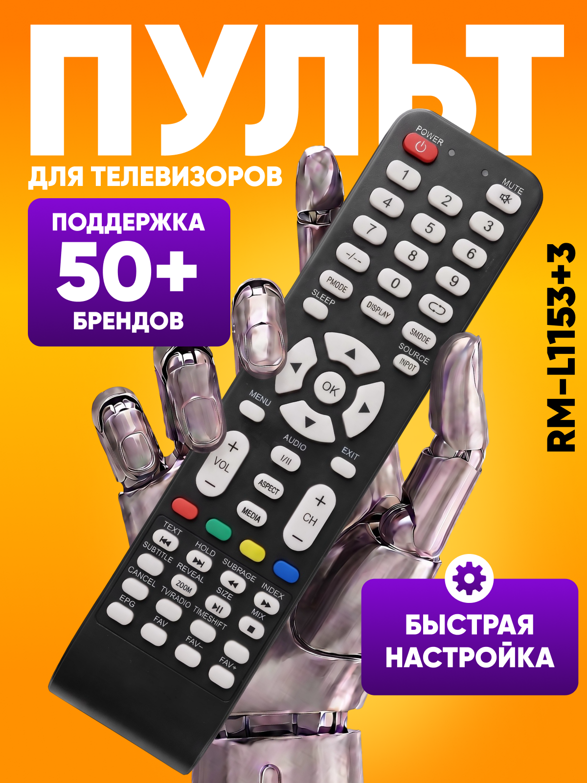 Универсальный пульт ДУ RM-L1153+3 для телевизоров / пульт дистанционного управления для ТВ AKAI, TELEFUNKEN, HYUNDAI, DNS, POLAR, SHIVAKI, SUPRA, горизонт