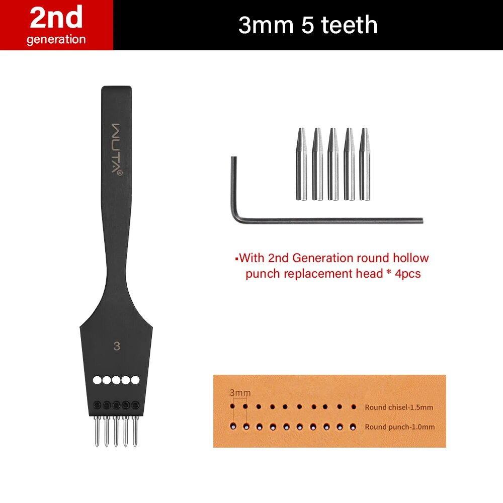 WUTA 2-е поколение пробойка для кожи 2nd 3mm 5 Prong 1Pc
