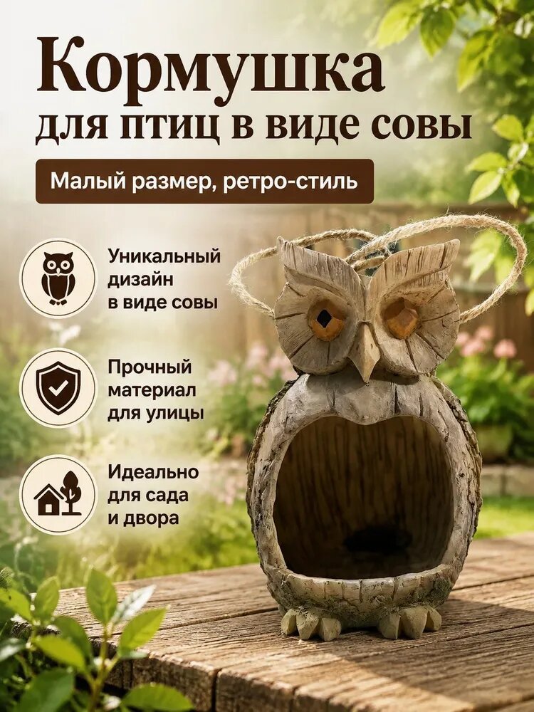 Кормушка для птиц в виде совы (малая, винтажная), подвесная уличная скульптура из смолы с антикварной отделкой