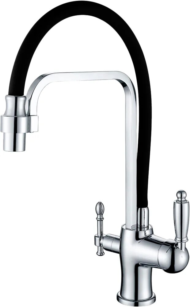 Смеситель для кухни Zorg Sanitary ZR 342-6 YF с гибким изливом, с краном для питьевой воды, с поворотным изливом, хром, черный, глянцевый, однорычажный, латунный, с керамическим картриджем