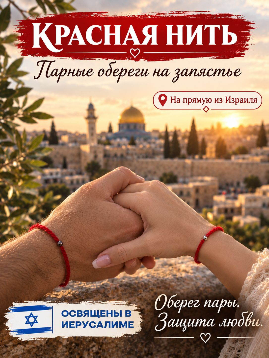 Парные красные нити, оберег на запястье из Израиля
