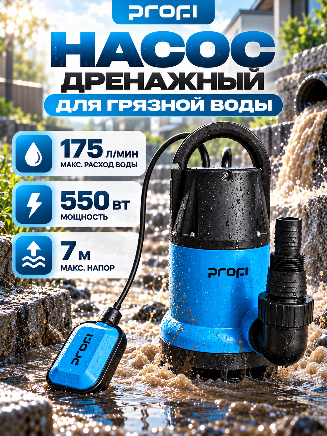 Насос дренажный погружной PROFI DWP-550ГР/10А для грязной воды, 550 Вт, 160 л/мин, напор 7 м, частицы до 35 мм