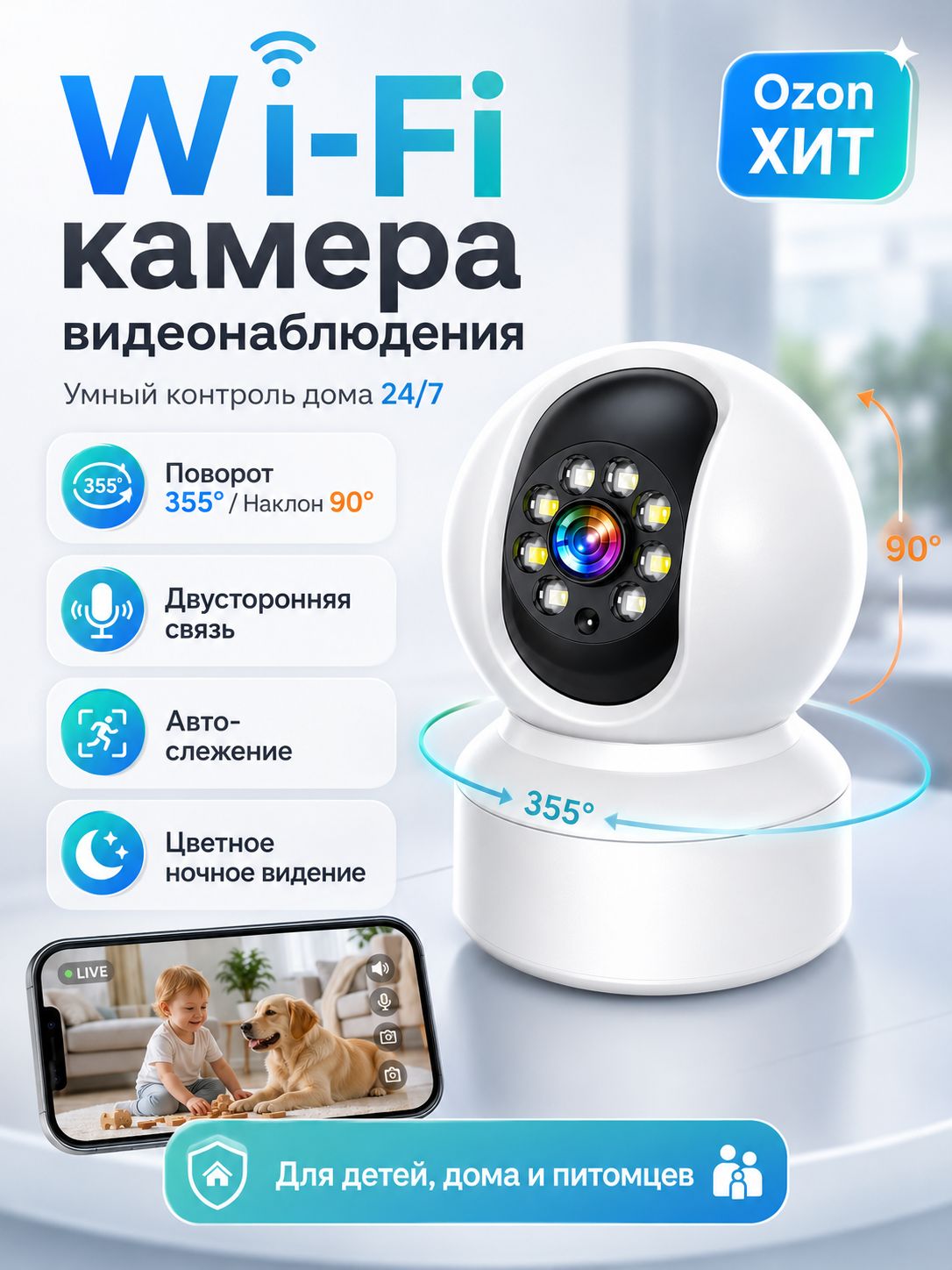 Камера видеонаблюдения wifi для дома, видеокамера поворотная с датчиком движения