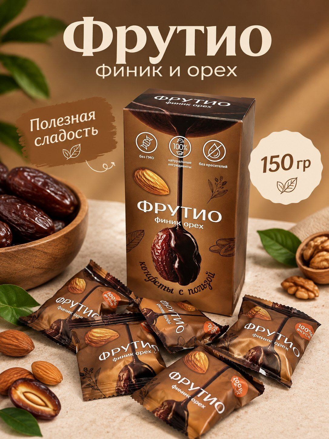 Конфеты натуральные Фрутио Финик-Орех 150 грамм